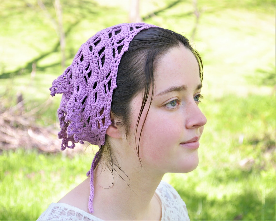 Crochet Head Scarf Cotton Kerchief in Orchid Purple Lace - Etsy