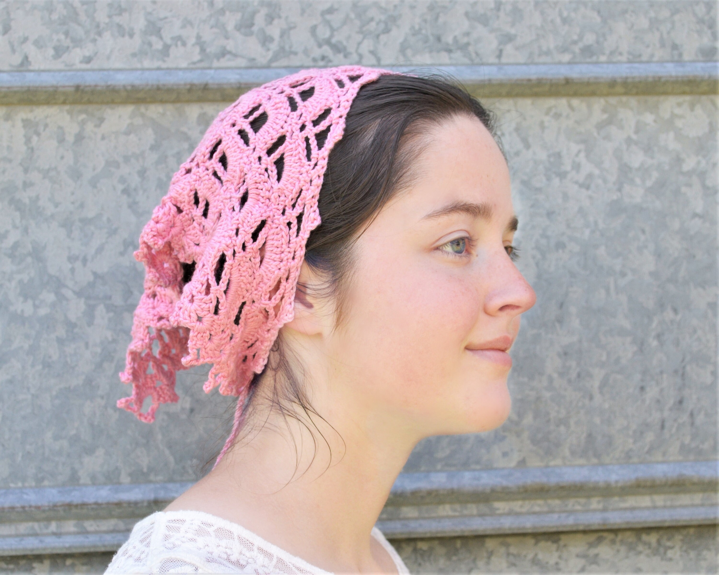 Triangle head scarf crochet bandana or kerchief in pink | Etsy