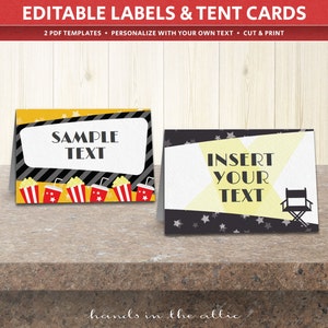 Movie Party Labels Food Tent Cards, Editable TEMPLATE, Printable Party ...