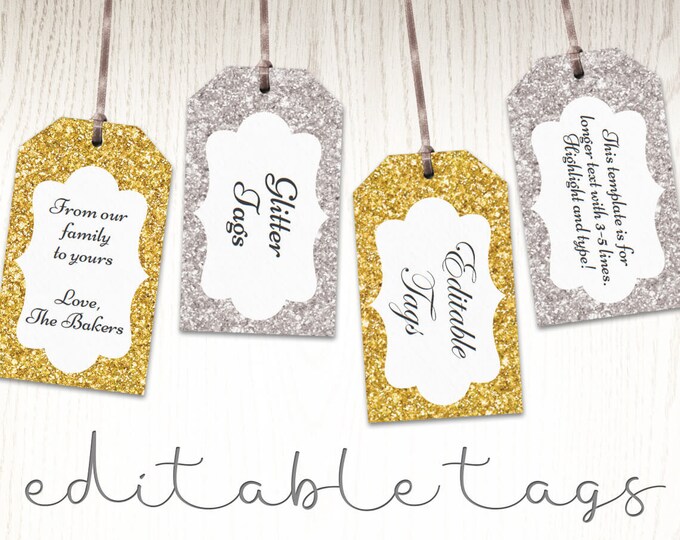 Glitter Gift Tags, Gold, Silver, Printable, Editable Template, Labels ...