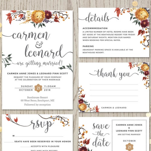 Fall Wedding Invitation Set Floral Wedding Autumn Flowers - Etsy