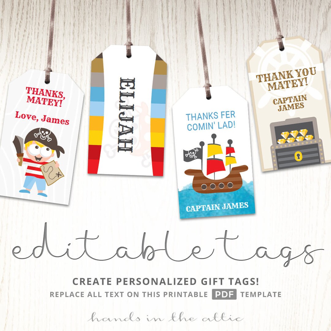 Pirate Theme Birthday Party Gift Tags, Editable Labels, Party Tags ...