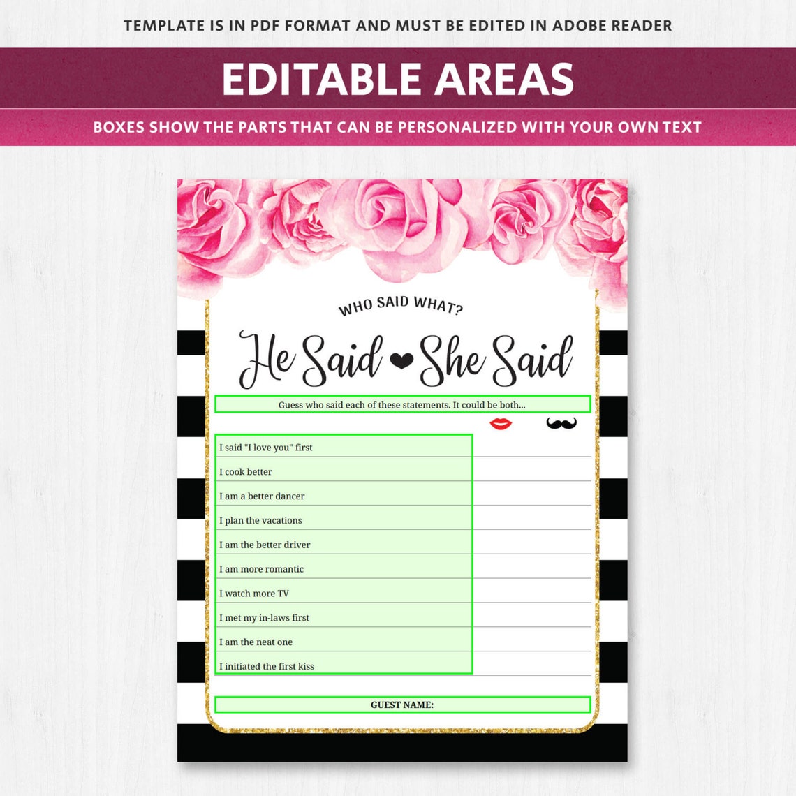 He Said She Said Game Questions Bridal Hens Party Editable - Etsy