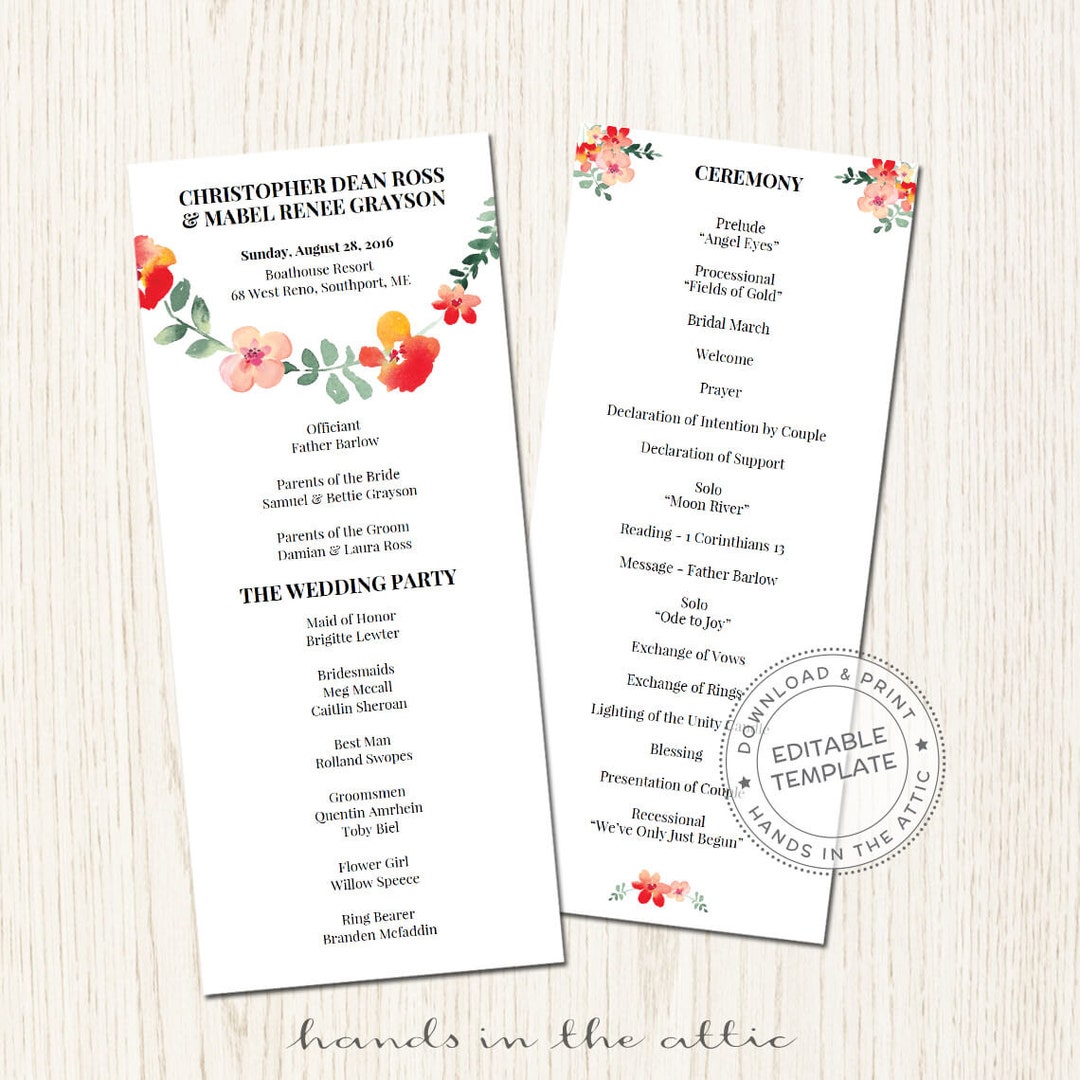Floral Wedding Program Template Download, Wedding Ceremony Template ...