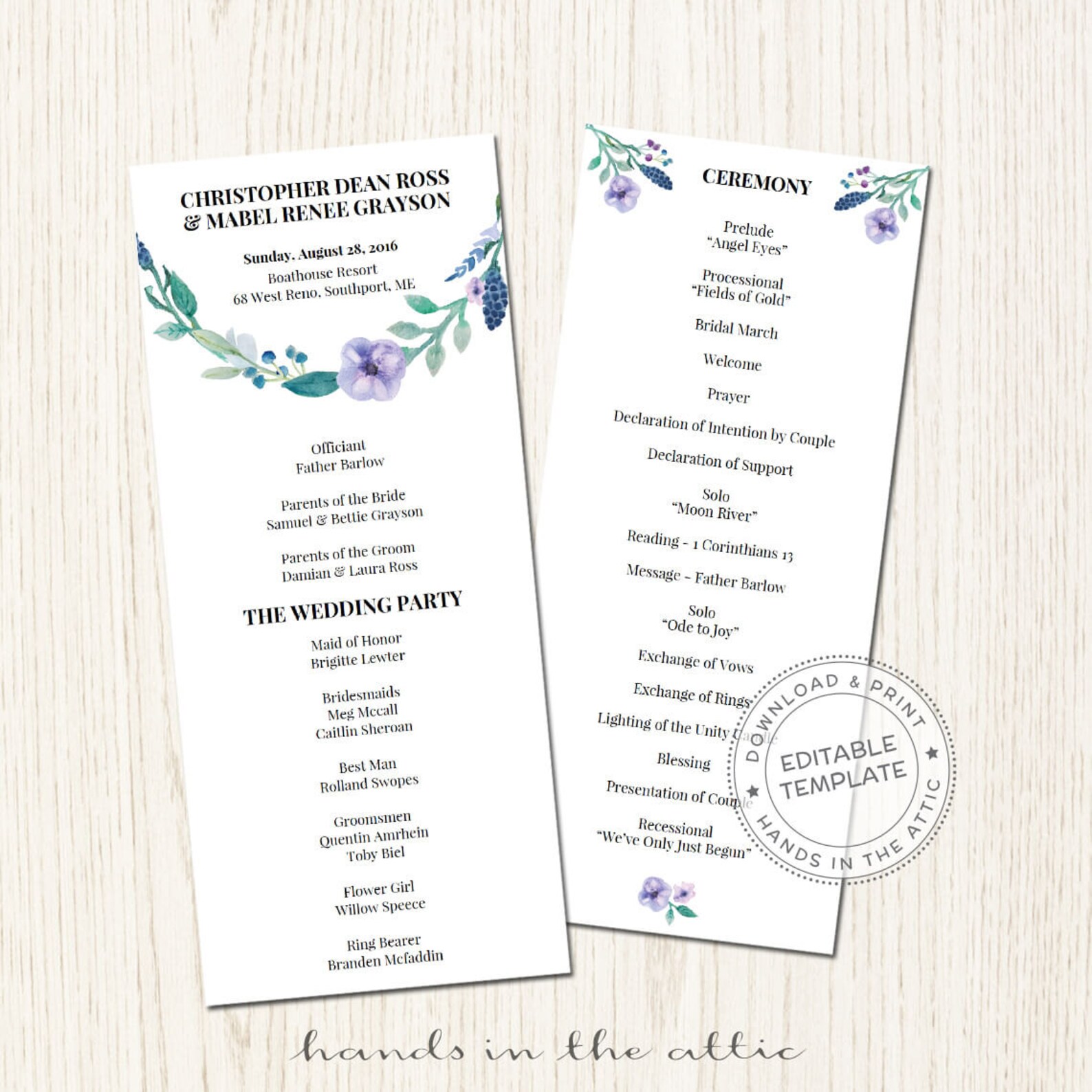 Blue Floral Wedding Program Template Printable Ceremony - Etsy