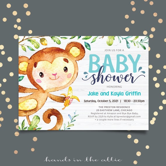 Monkey baby boy shower invitation, jungle theme printable template ...