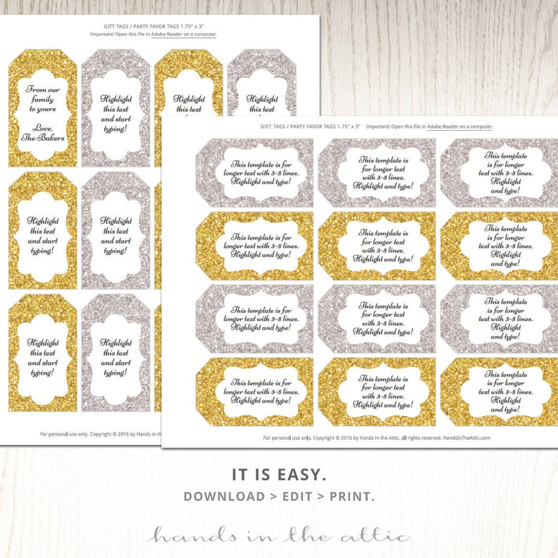 Glitter Gift Tags Gold Silver Printable Editable Template - Etsy