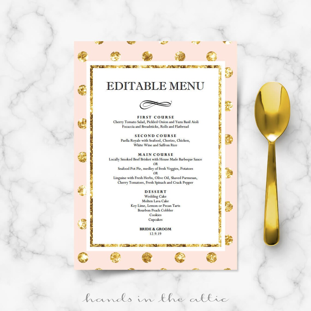 Diy Bridal Shower Menu Cards for Wedding Reception Engagement Dinner ...