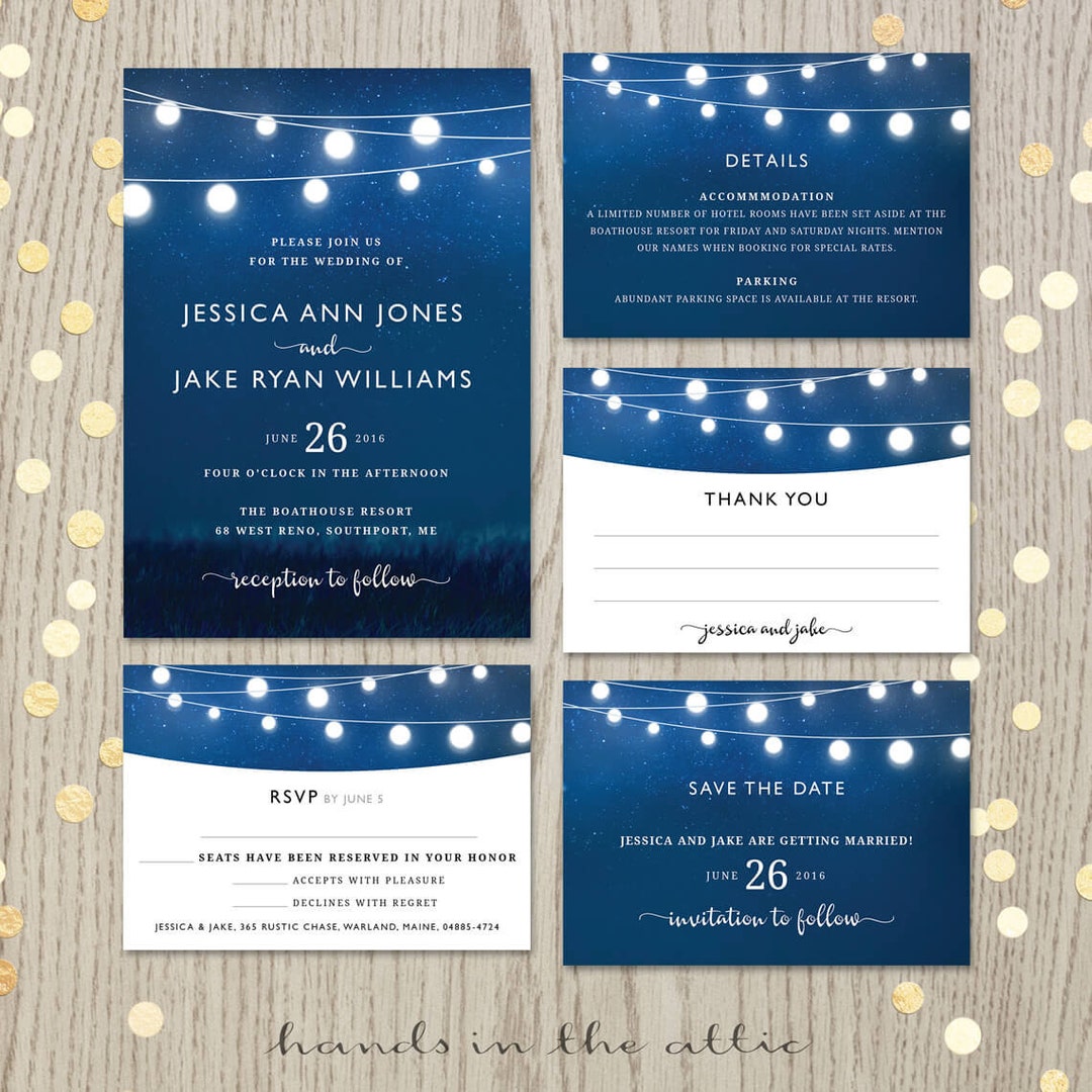 Blue Wedding Invitation Set, Night Sky White Cotton Ball Lights Invite ...