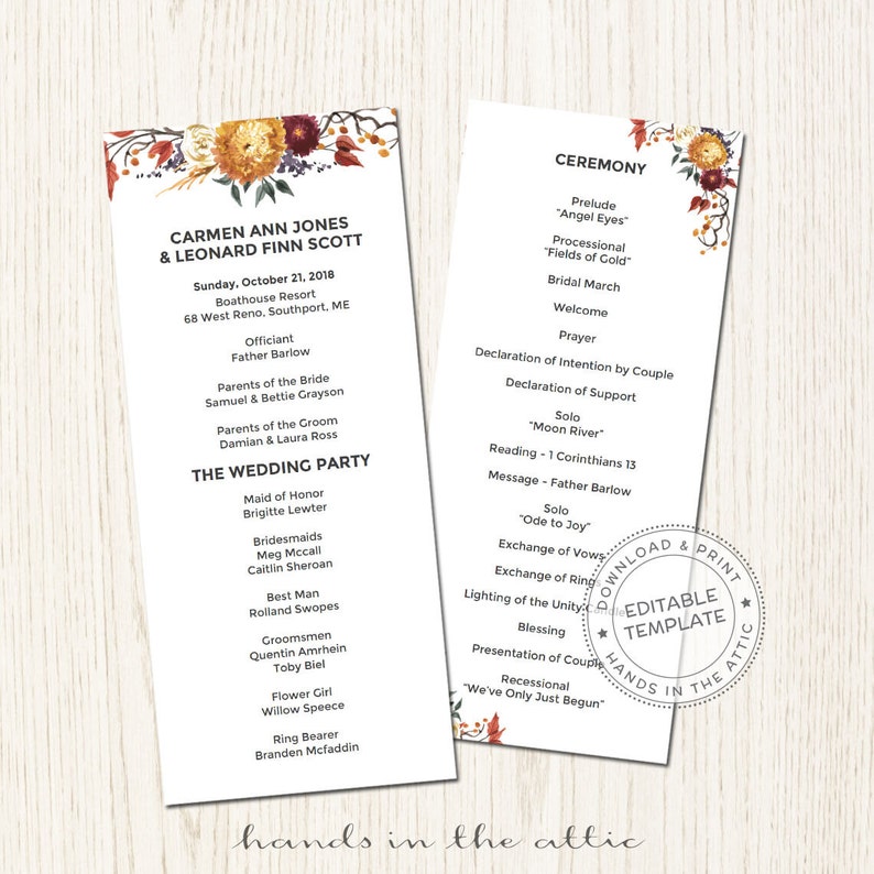Editable Fall Wedding Program Template Autumn Flowers Fall - Etsy