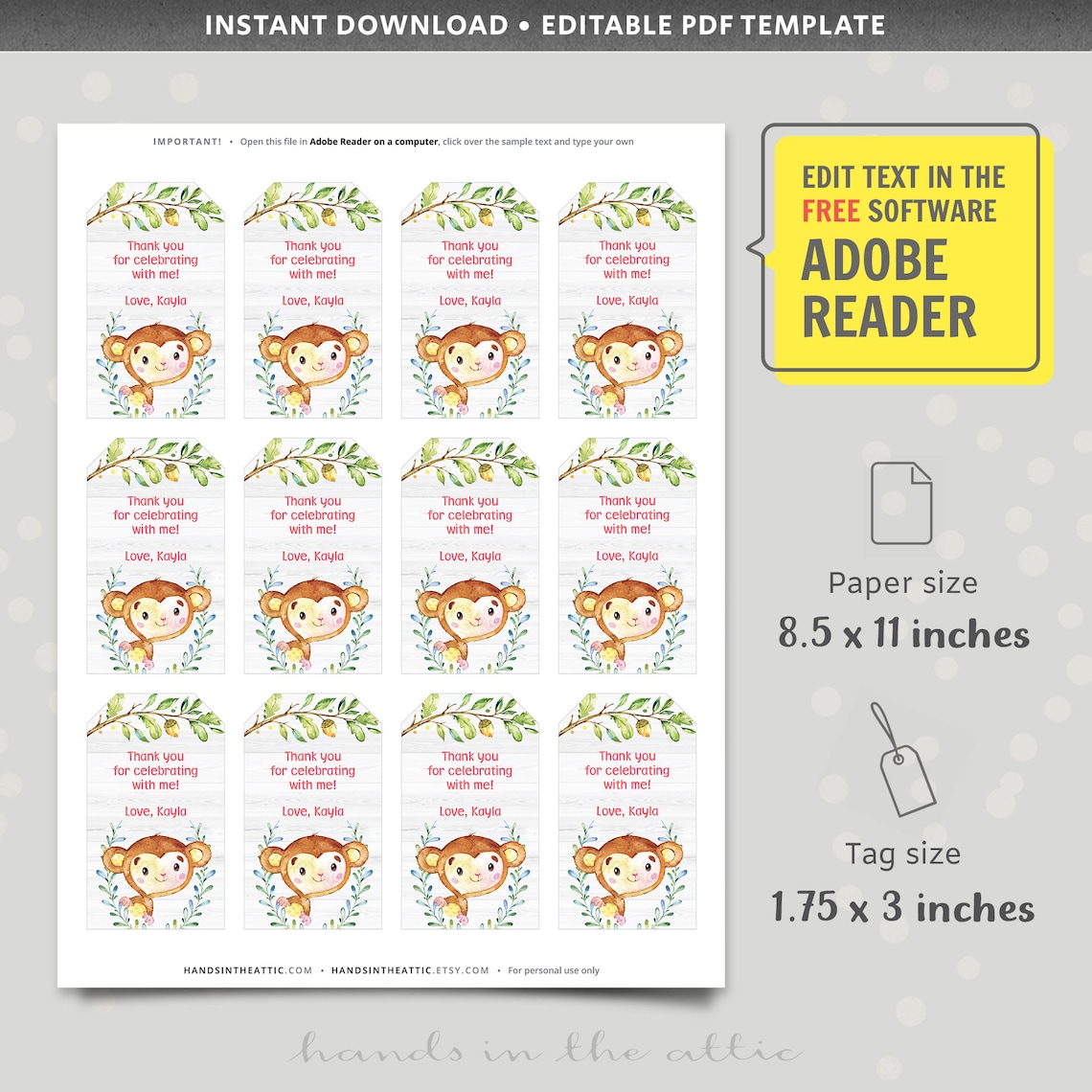 Gift tags new baby monkey editable template kit jungle animal | Etsy