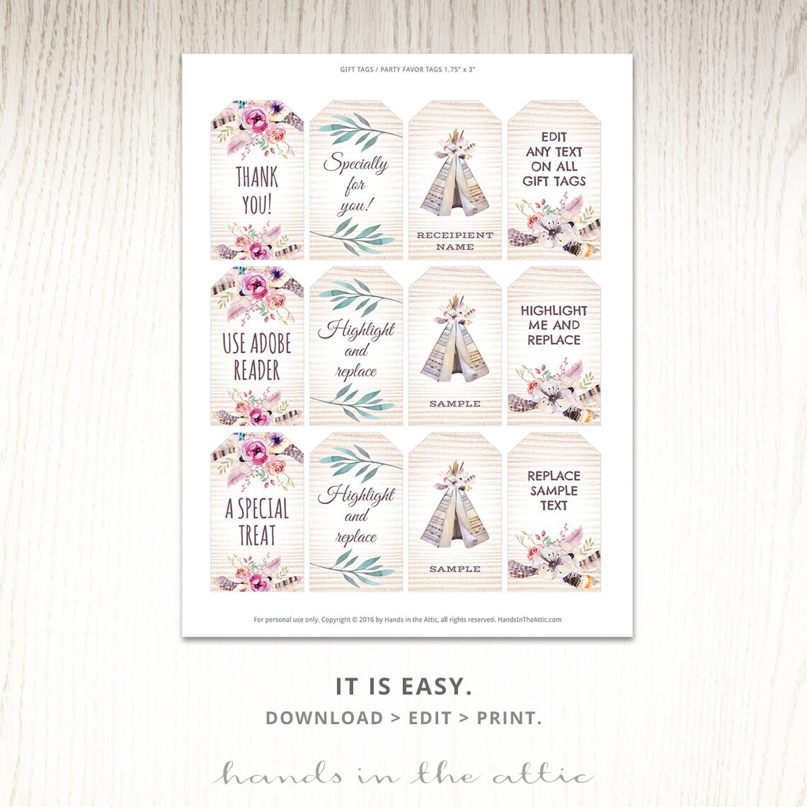 Editable boho tags gifts favors printable template labels | Etsy