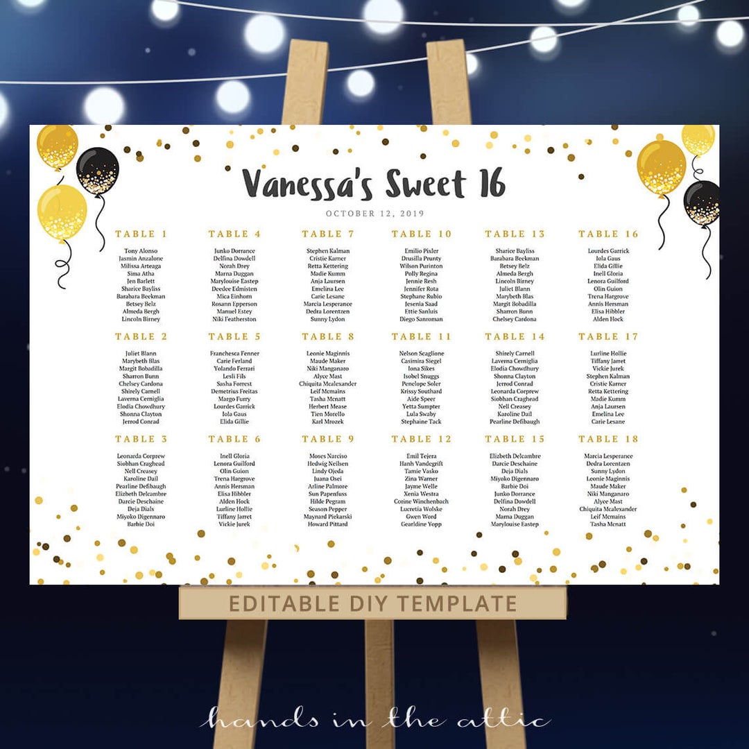 Wedding Seating Chart Template, Sweet 16 Birthday, Festive Table Plan ...