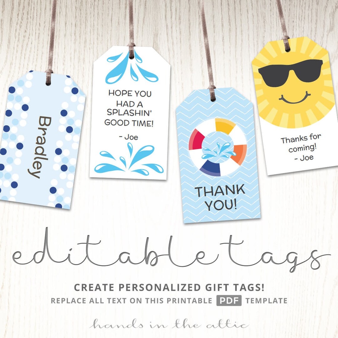 Editable Gift Tags, Gift Tag Template, Favor Tags, Pool Party Labels ...