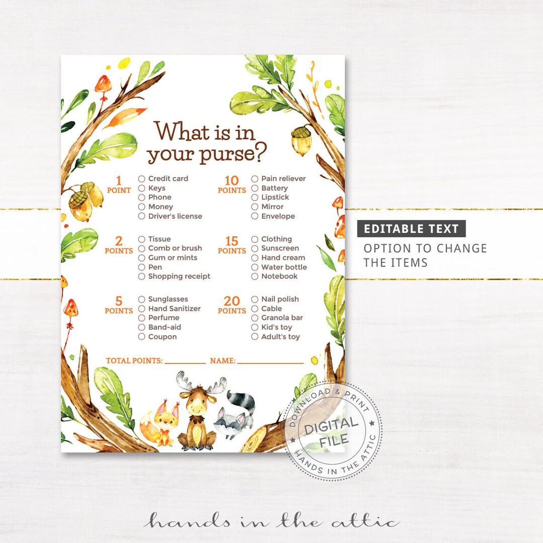 What is in Your Purse Baby Shower Game Baby Animals Theme - Etsy