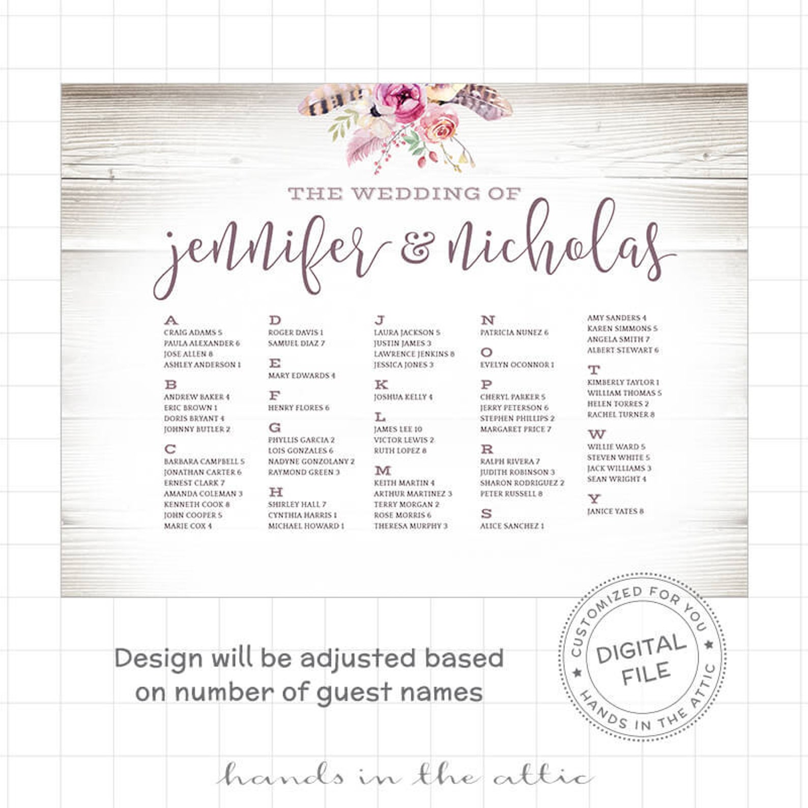 Alphabetical wedding seating chart printable wedding seat | Etsy