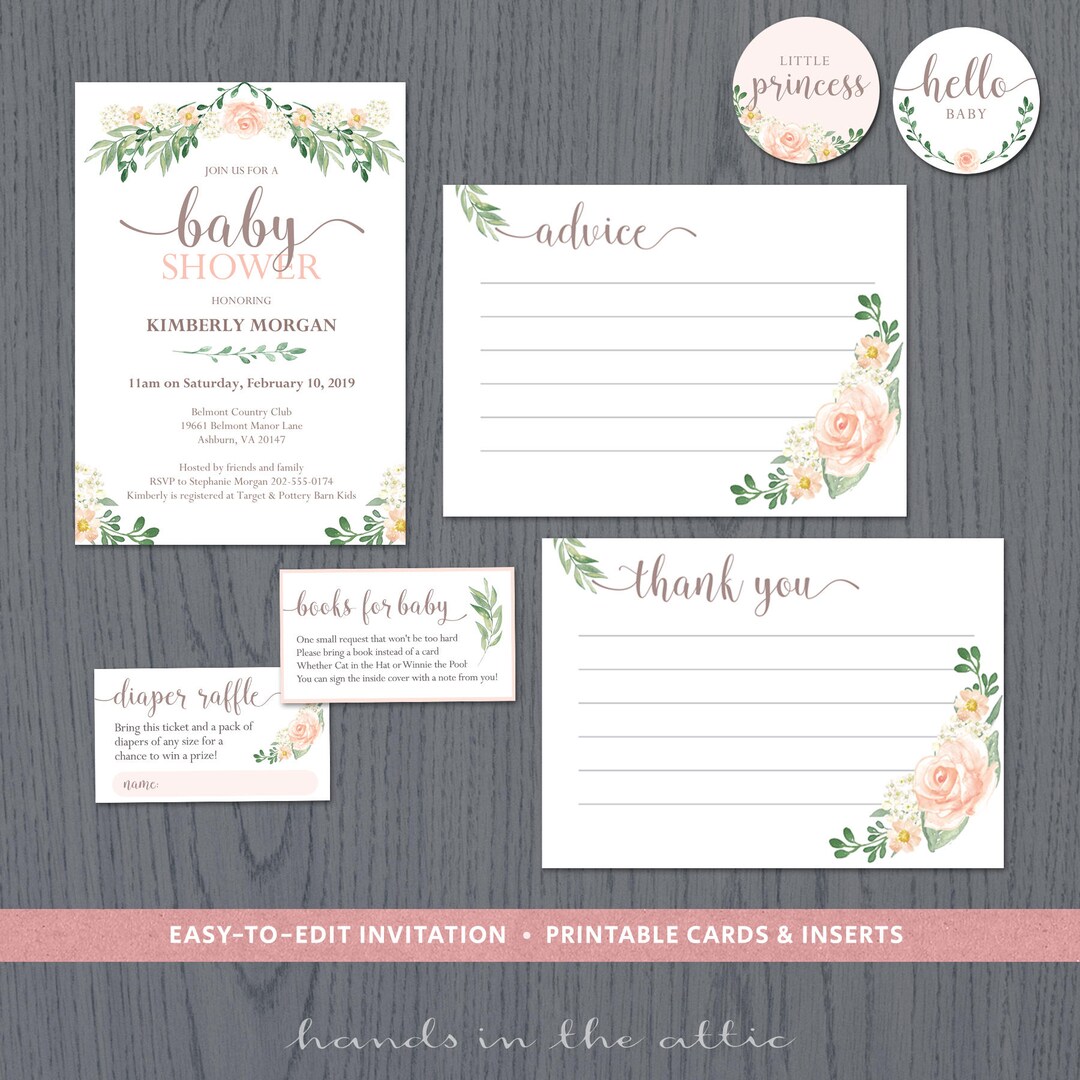 Spring Baby Shower Invitations, Floral Baby Shower Stationery, Advice ...