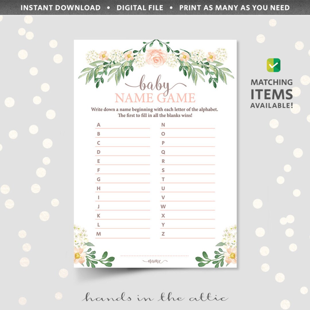 Baby Name Race, Floral Baby Shower Game, Printable Alphabet, Baby ...