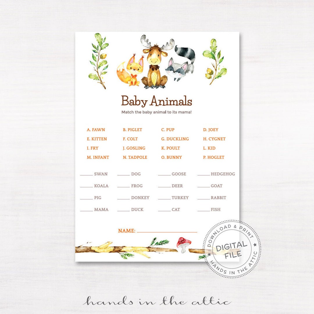 Match Baby Animals Name Game, Printable Baby Shower Matching Game, Who ...