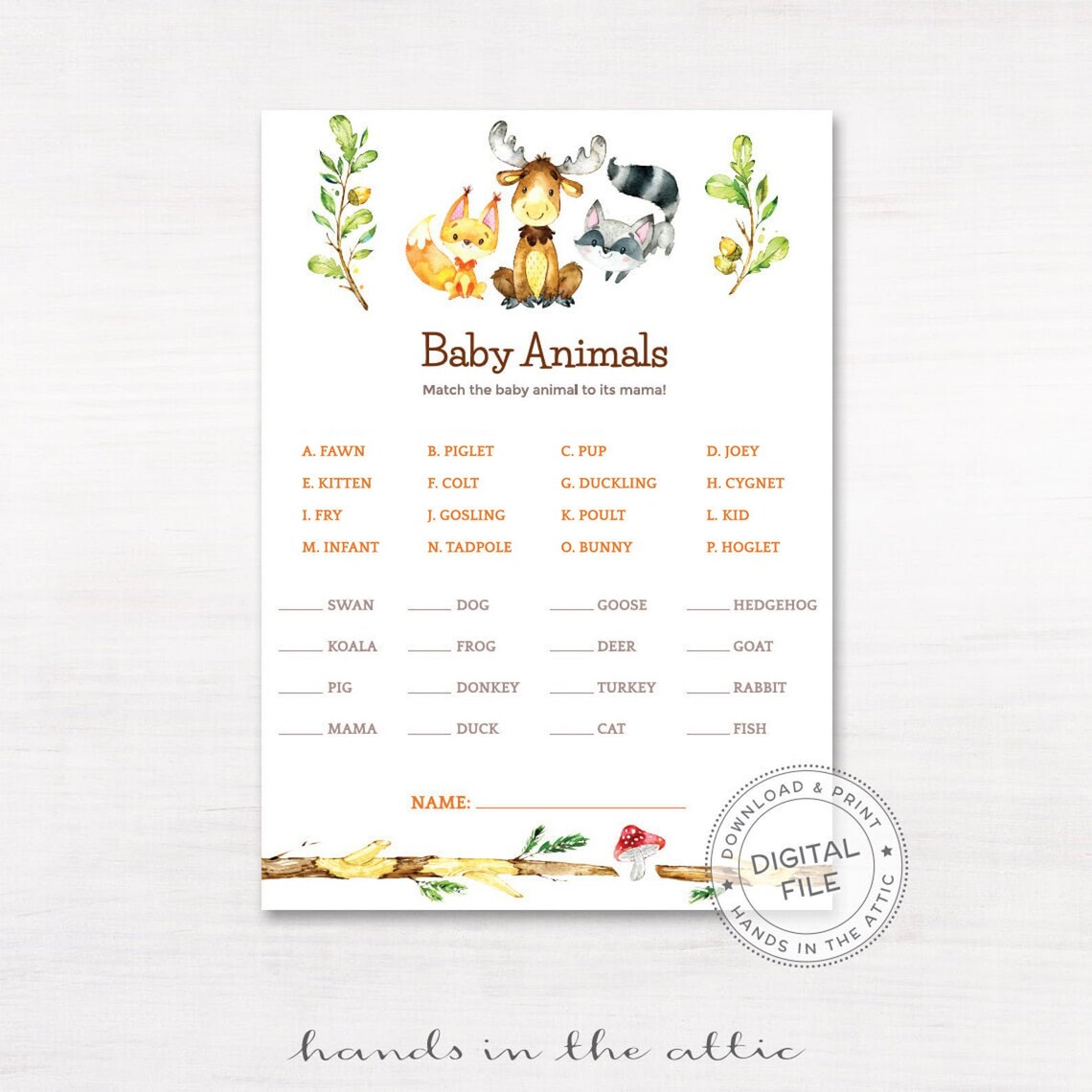 Match Baby Animals Name Game Printable Baby Shower Matching | Etsy