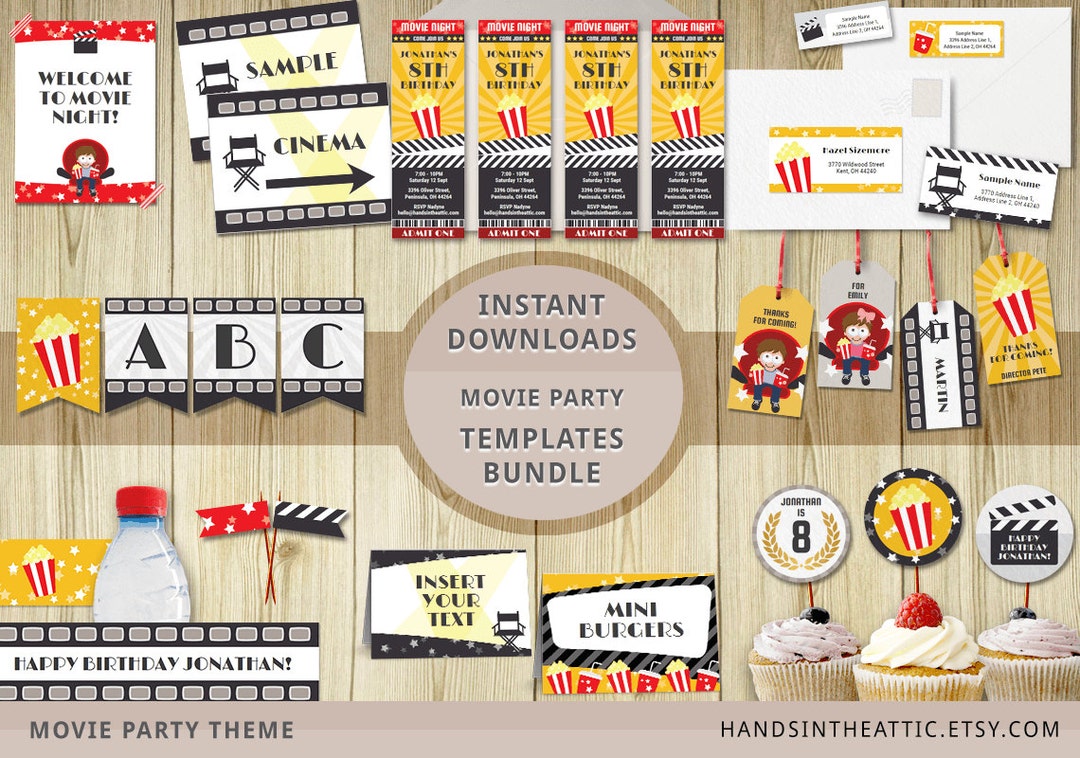 Movie Party Templates Bundle, Editable Downloads, Cinema Theme Party ...
