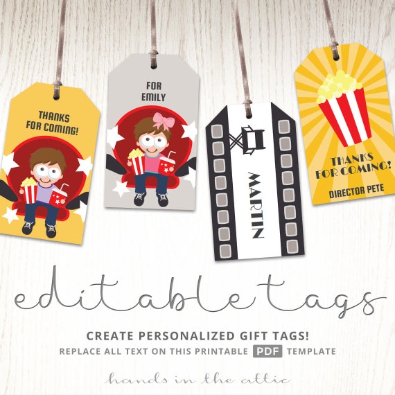 Movie party gift tags, film night theme, cinema, outdoor movie tv ...