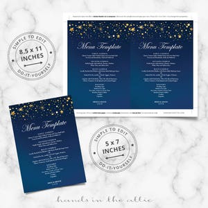 Starry Night Wedding Menu Cards DIY Template, Gold Glitter Stars Dinner ...