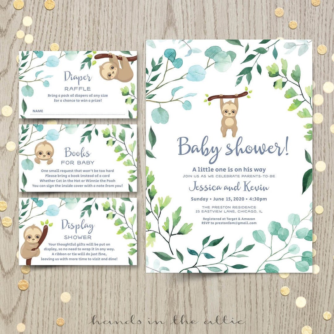 Printable Sloth Themed Baby Shower Invitation With Mini Insert Cards ...