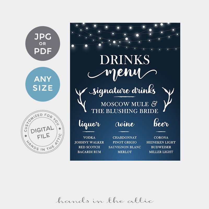 Custom drinks menu sign for wedding reception printable bar | Etsy