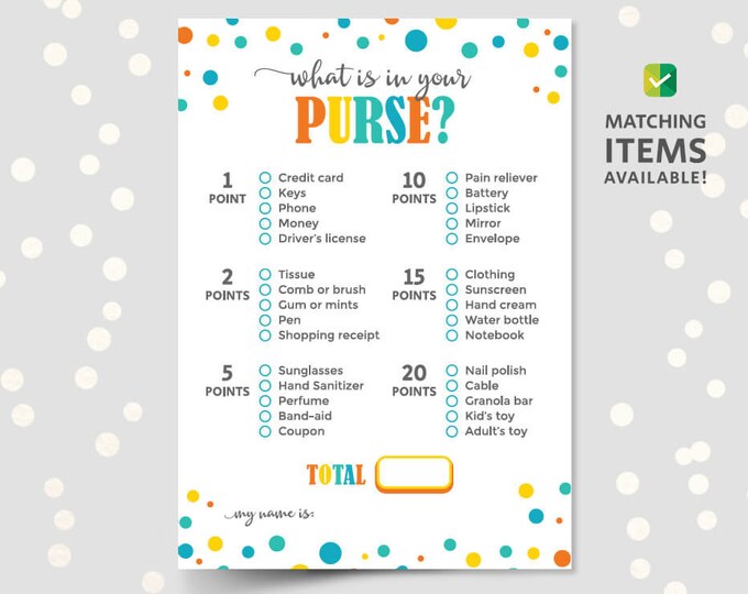 What’s in Your Purse Scavenger Hunt Game, Count Points in Your Handbag ...