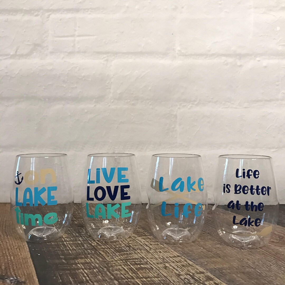 Lake Wine Glasses Set: Shatterproof Stemless Polymer, Lake House Gift ...