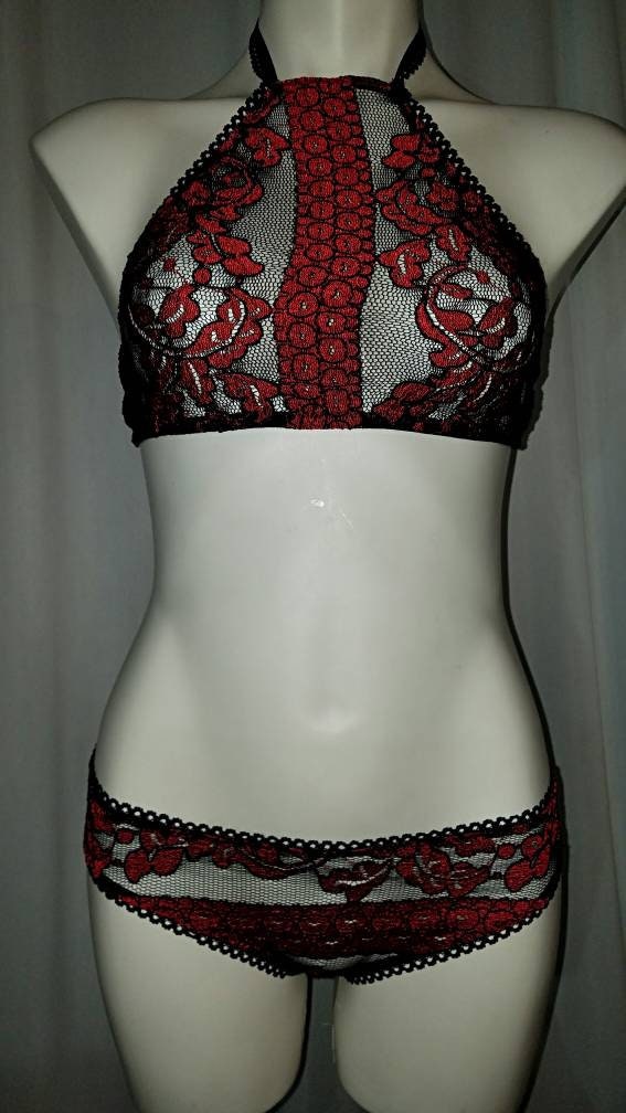 Sexy Red And Black Lace Lingerie Set S M Etsy