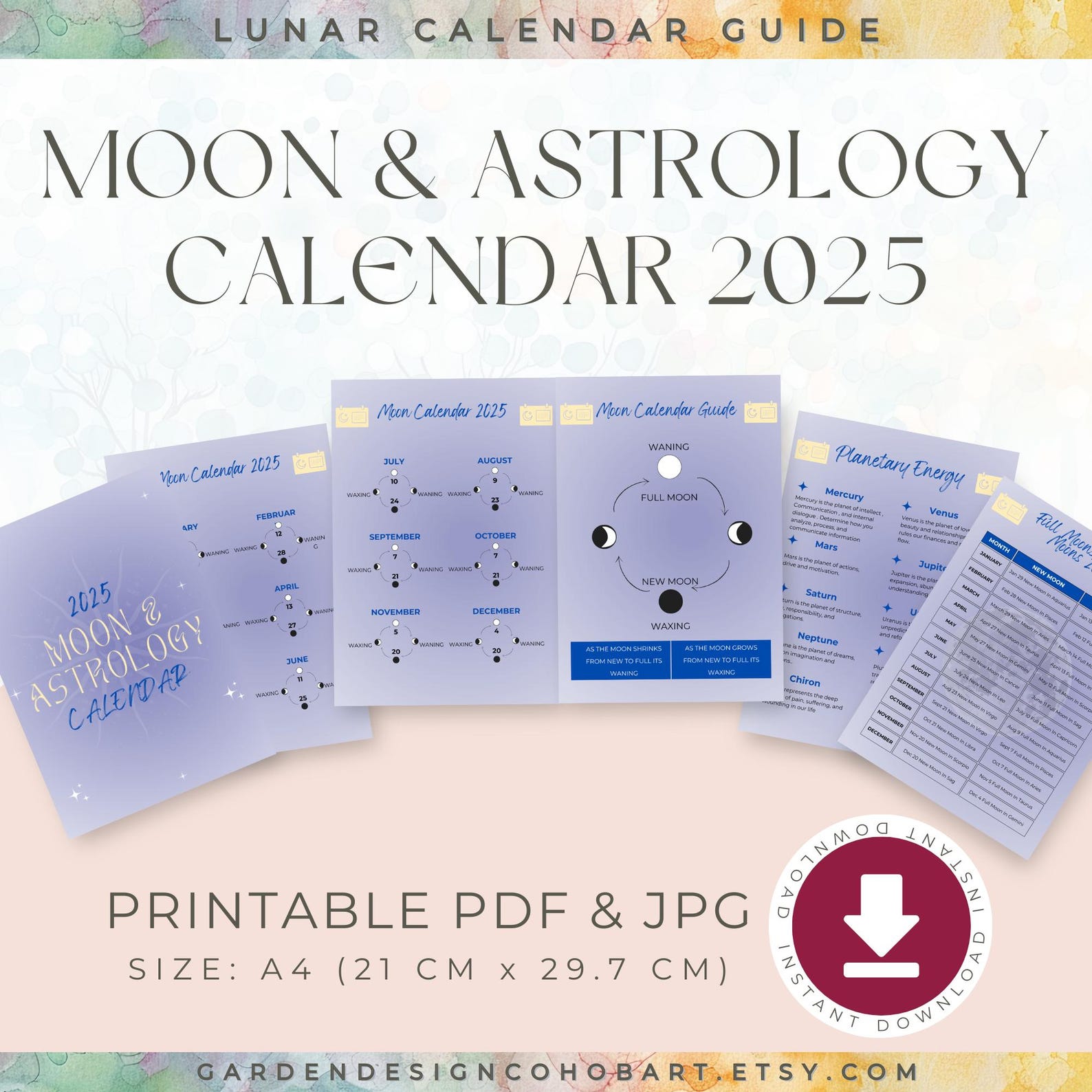2025 Moon Calendar, Moon and Astrology Planner 2025, Lunar Calendar ...