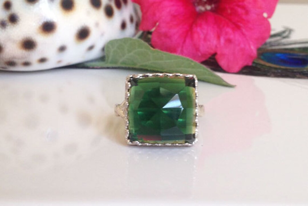 Green Tourmaline Ring - Square Crown Ring - Silver Ring - Green ...