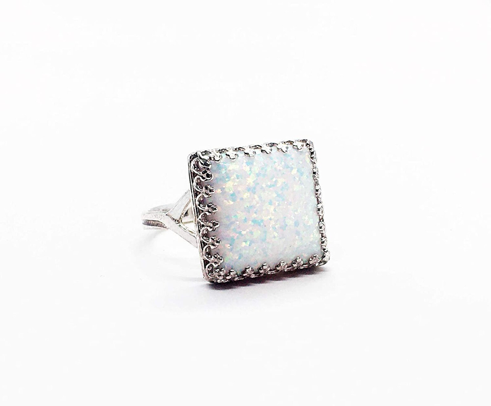 White Opal Ring - Silver Ring - Square Crown Ring - Gemstone Ring ...