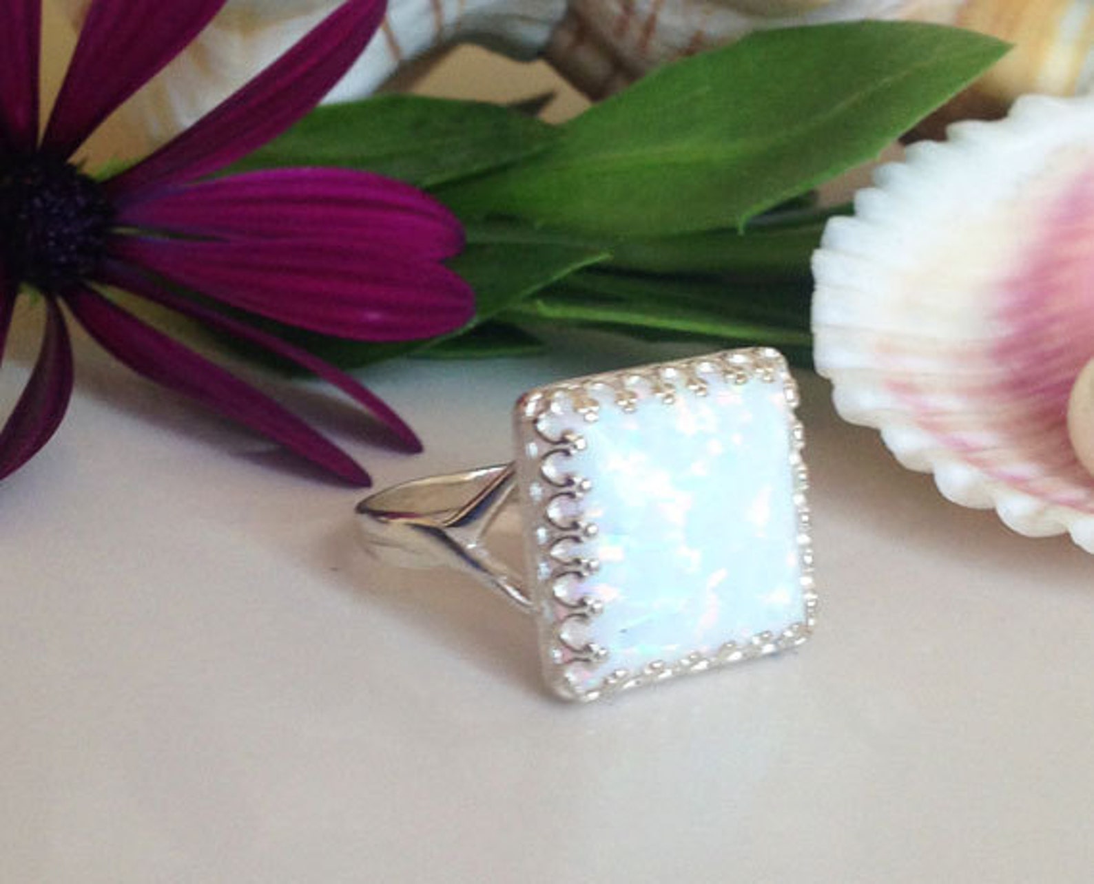 White Opal Ring - Silver Ring - Square Crown Ring - Gemstone Ring ...