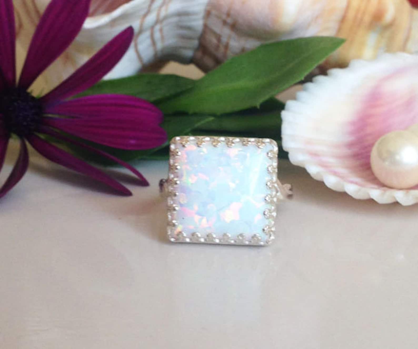 White Opal Ring - Silver Ring - Square Crown Ring - Gemstone Ring ...