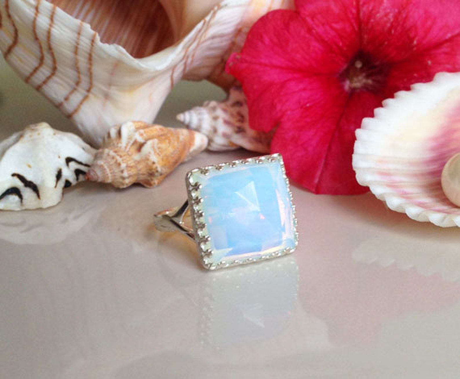 Opalite Ring - Square Crown Ring - Gemstone Ring - Delicate Ring ...