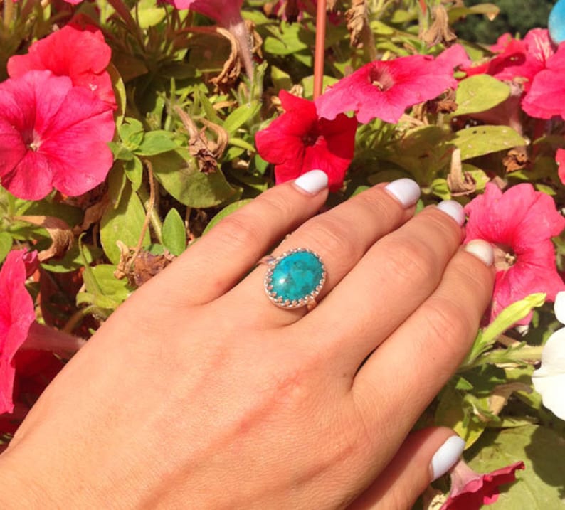 Genuine Turquoise Ring - December Ring - Oval Crown Ring - Promise Ring ...