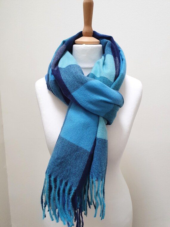 Blanket Scarf Shades of Turquoise Blue and Soft White With Fringe. Etsy