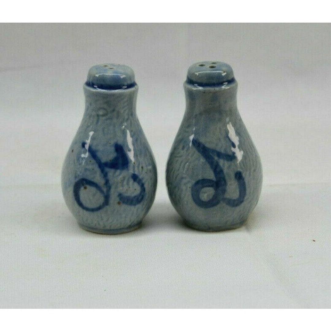 Vintage Set of Blue Painted Textured W/ Darker Blue Design Salt ...