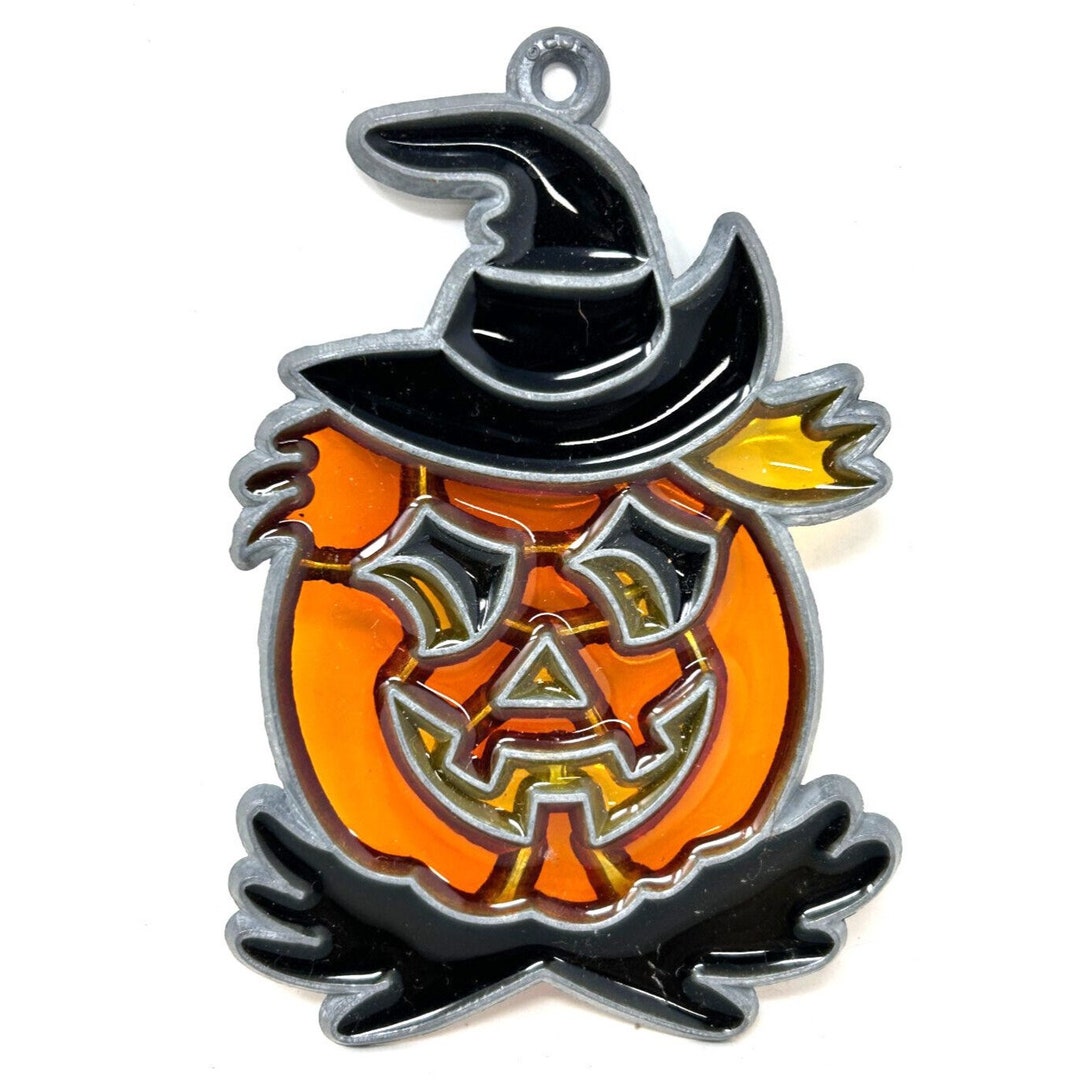 Vintage Halloween Pumpkin With Witches Hat Suncatcher JOL Jack O ...