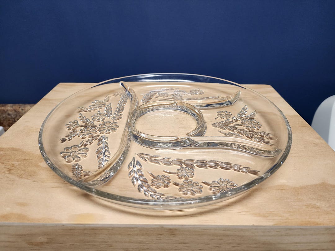 Glass Platter, Veggie Tray, Flowers and Wheat Design, Large Clear Glass ...