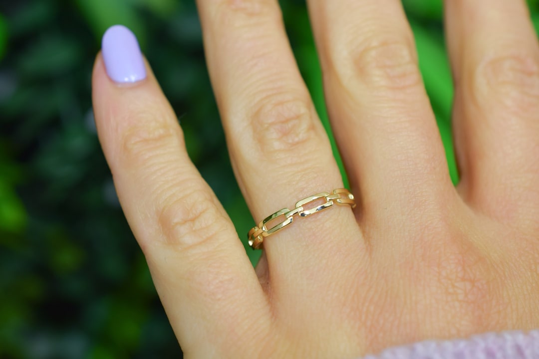 14k Solid Gold Chain Ring, Minimalist Link Chain Ring, Stacking Ring ...