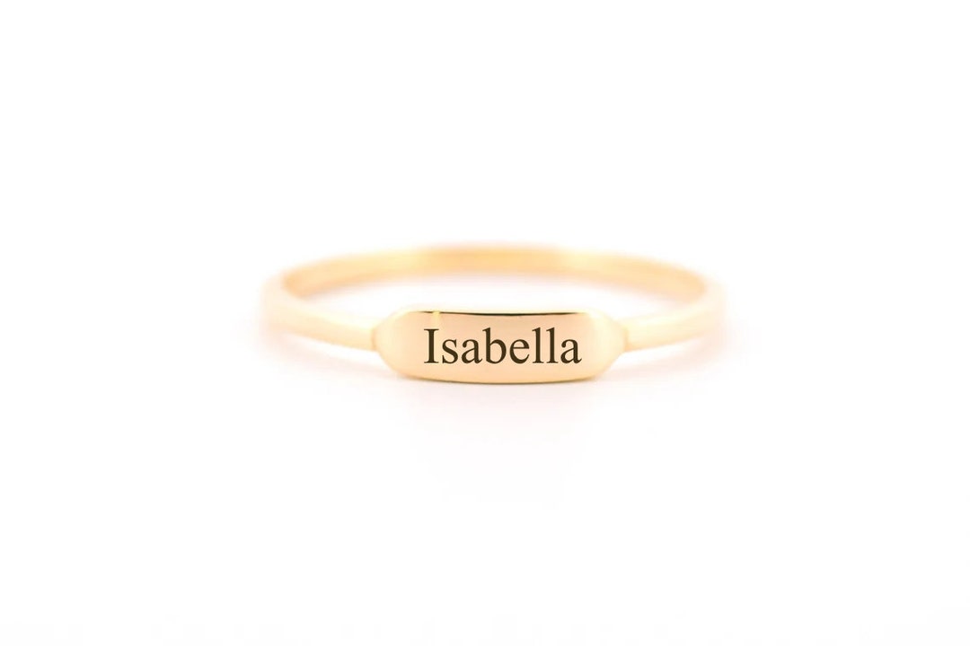 14K Solid Gold Custom Name Ring, Delicate Stacking Ring, Personalized ...