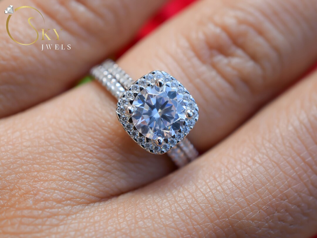 1.45 Ct Square Ring Set, Bridal Set, Engagement Ring, Wedding Ring, Art Deco Ring, Man Made ...