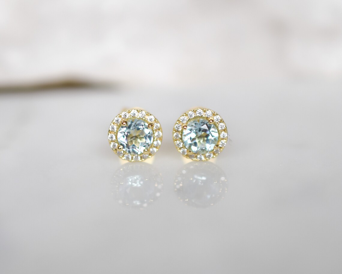 1.4 ct 18k Gold Natural Topaz Earrings Blue Stud | Etsy