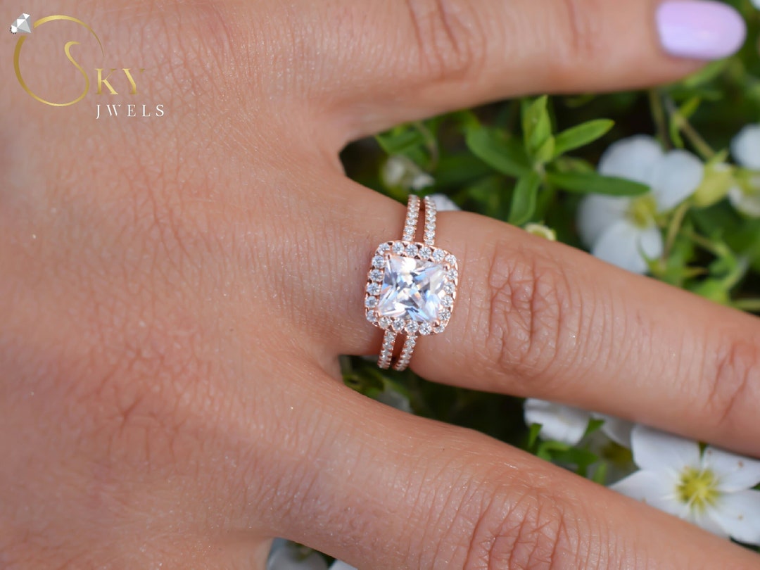 Rose Double Engagement Ring,wedding Ring,square Halo Ring, Promise Ring ...