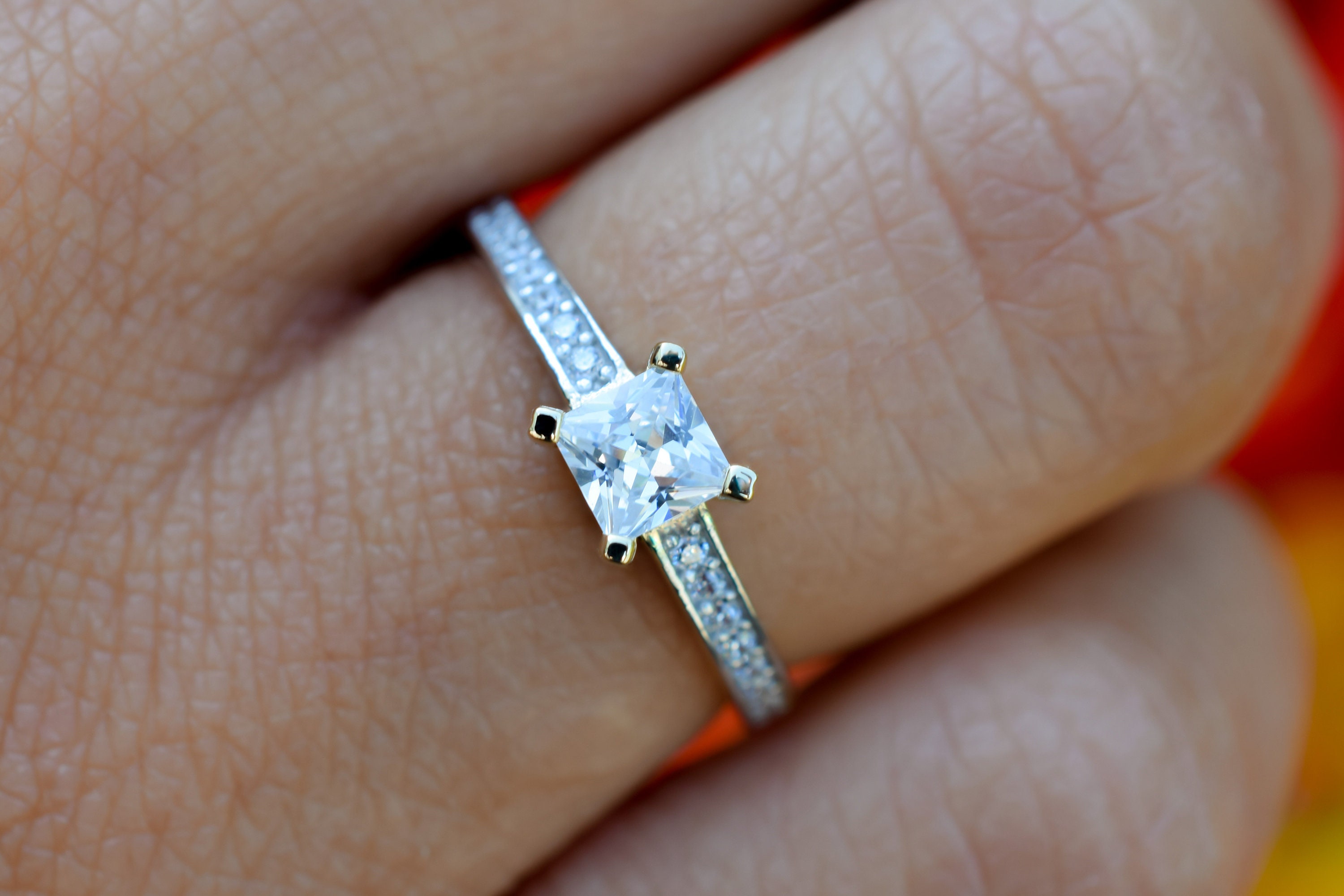 Anillo cuadrado de oro sólido de 0.5ct 14k anillo de - Etsy España