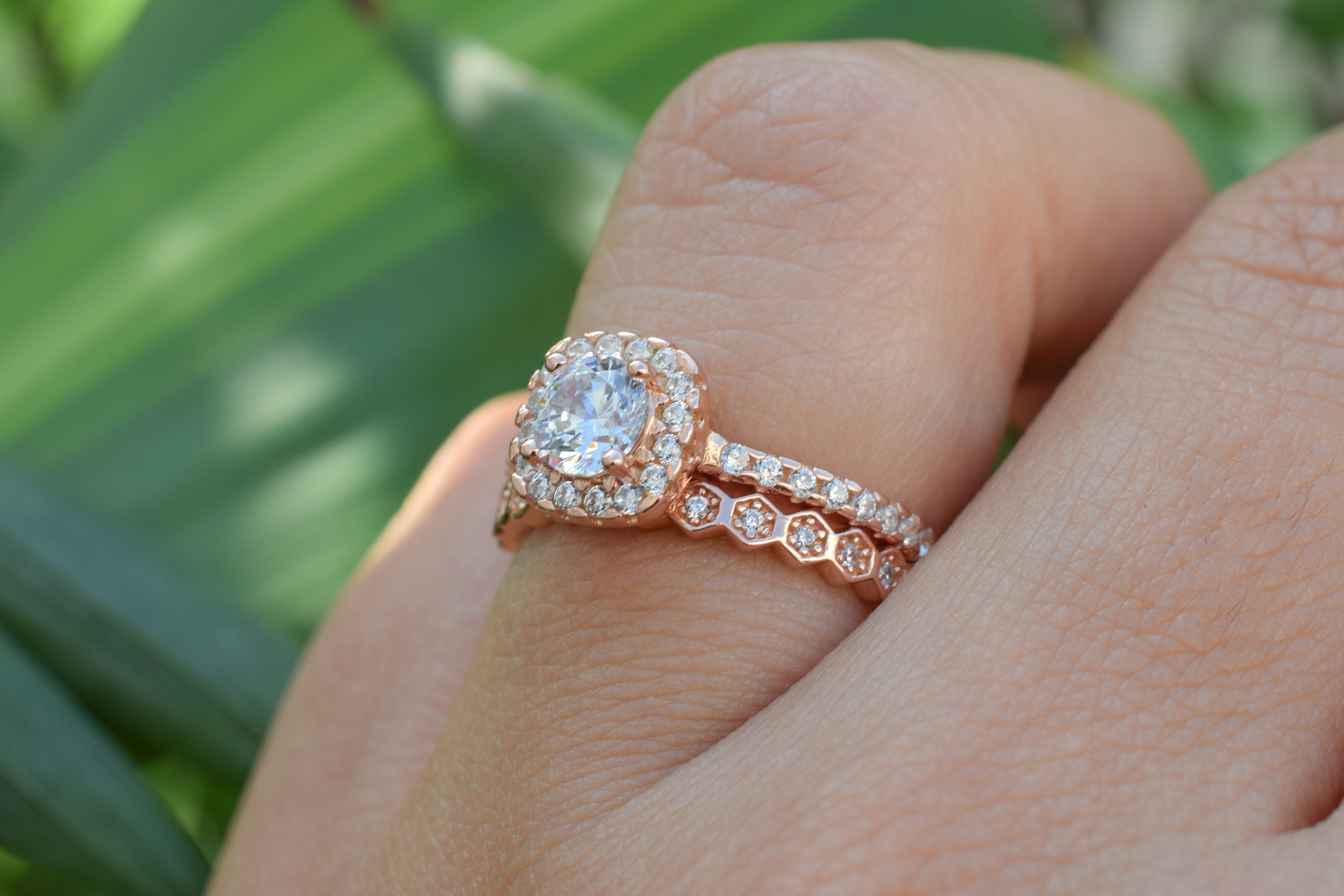 1.1ct Rose Gold Square Ring Set Bridal Ring Set Engagement | Etsy